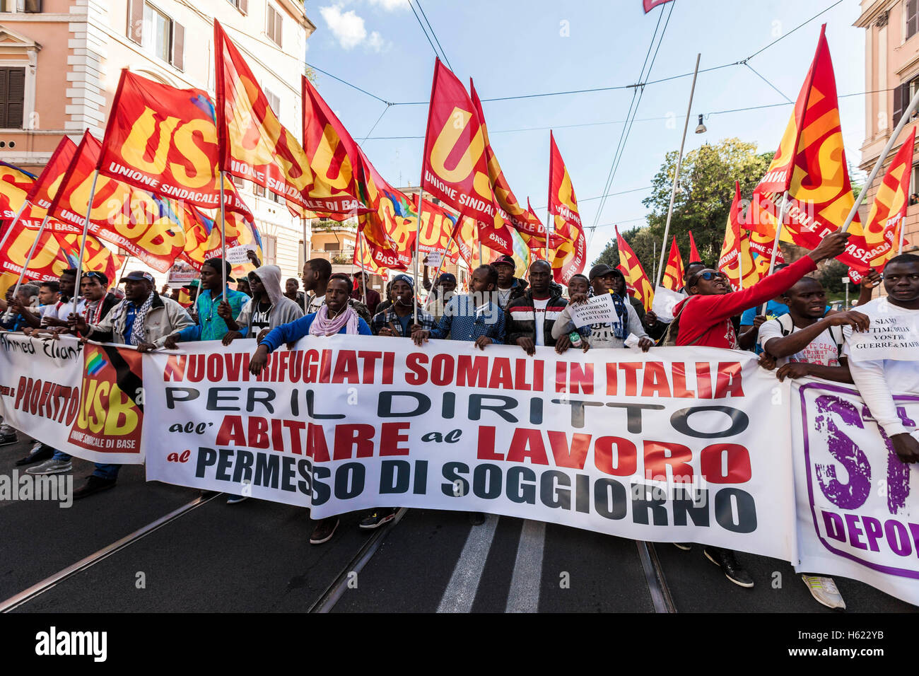Rome, Italy. 22nd Oct, 2016. Thousands of people shout slogans and wave ...