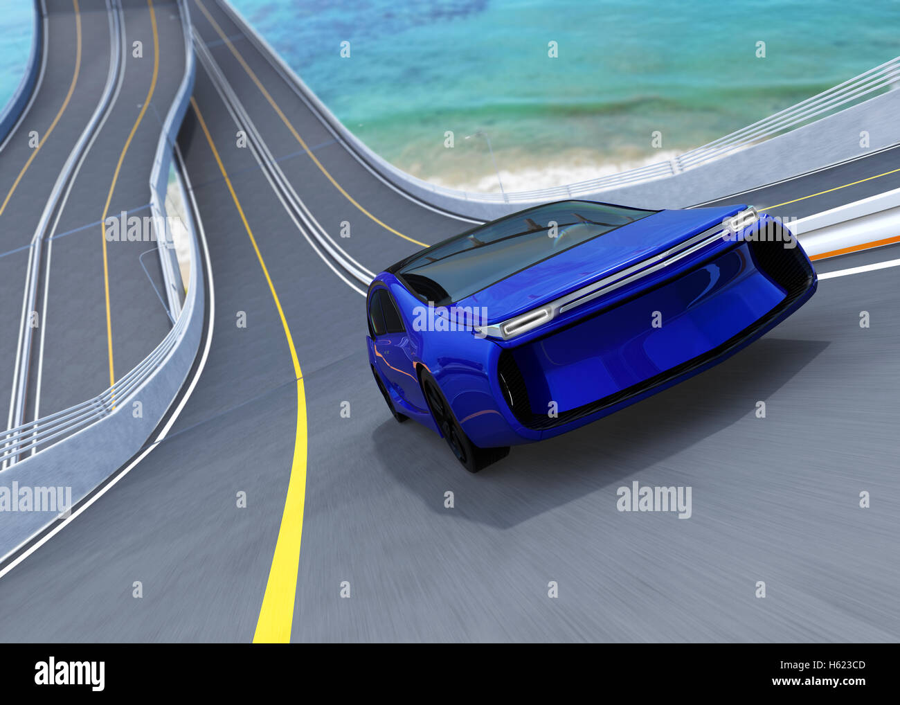 Front view of blue electric car driving on loop bridge. 3D rendering ...