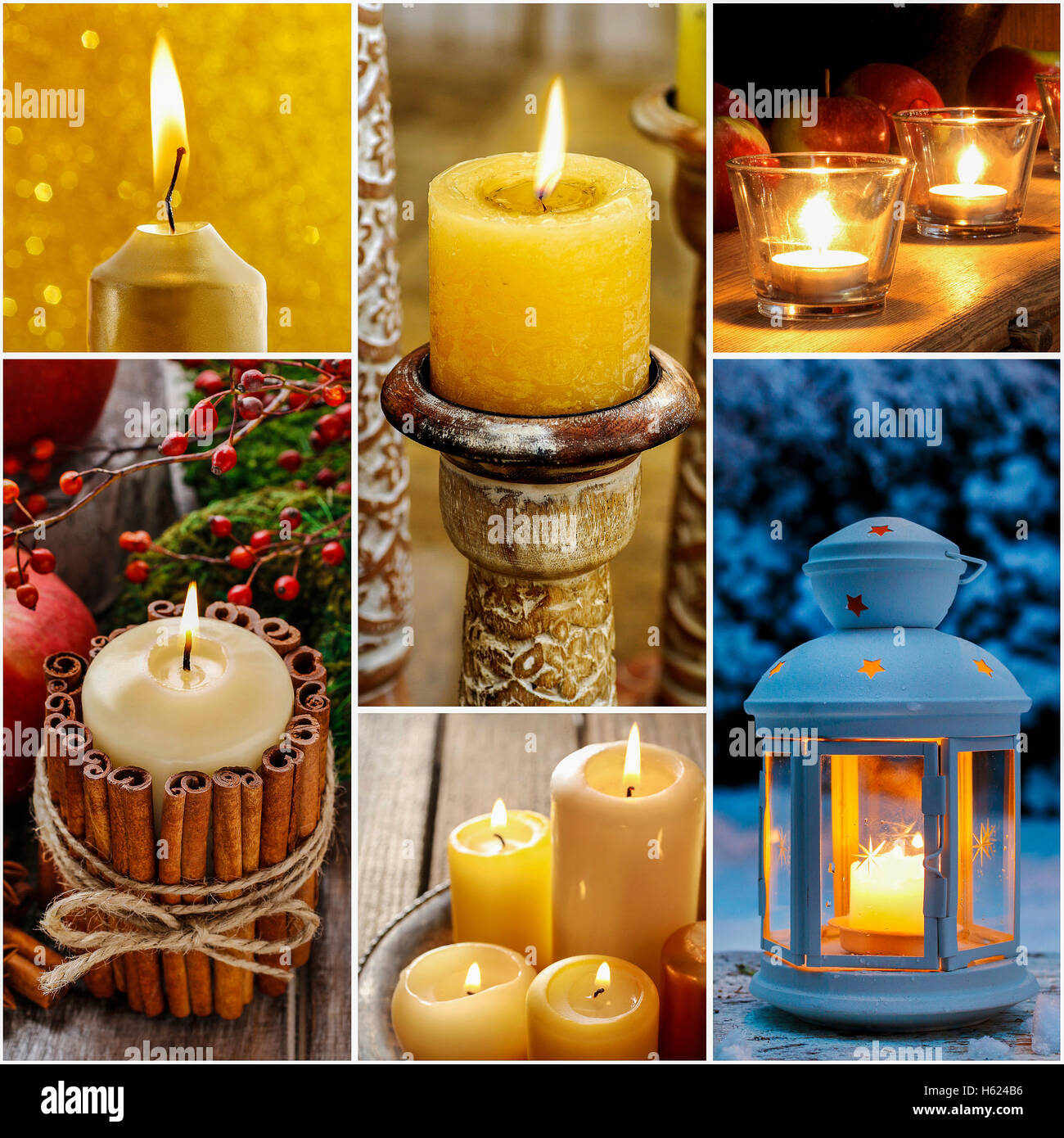Collage with candles. Party decor Stock Photo - Alamy