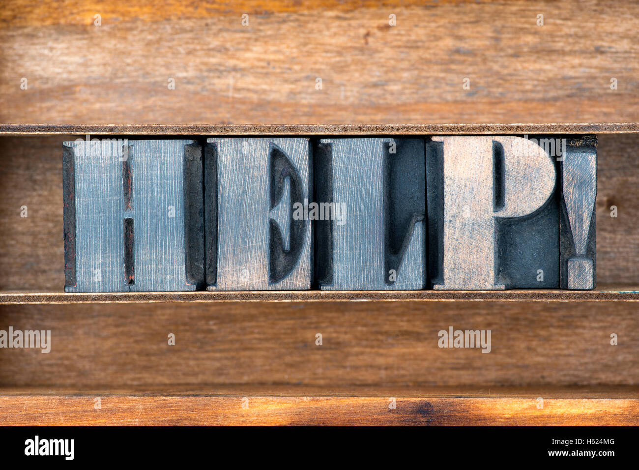 help exclamation made from vintage letterpress type on wooden tray ...