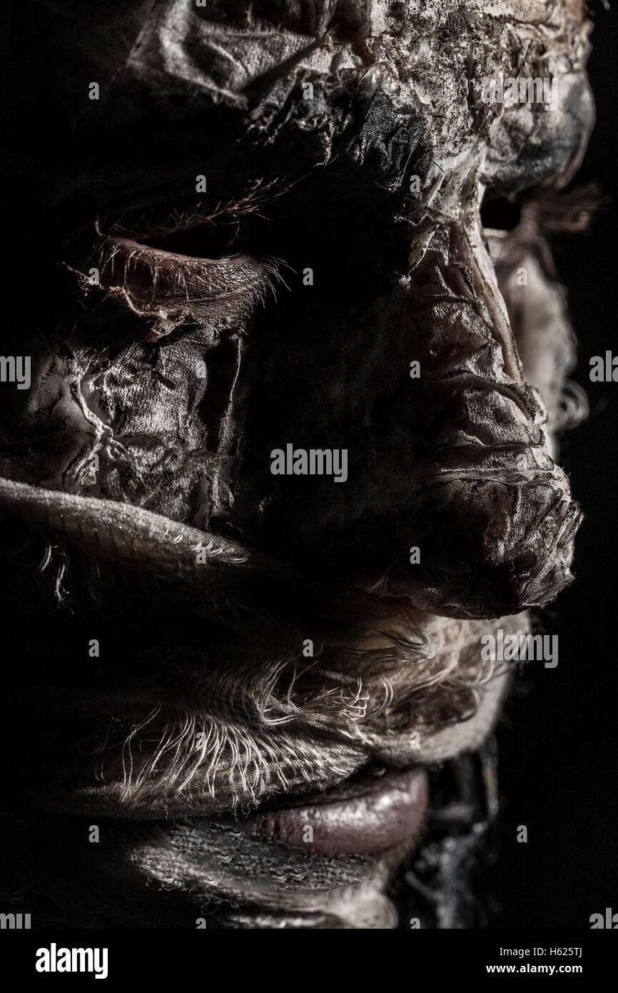 Male model in mummy zombie costume with papier mache, bandages ...