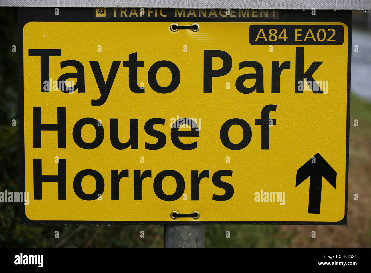 A road sign for the Tayto Park House of Horrors in Co Meath, as an ...