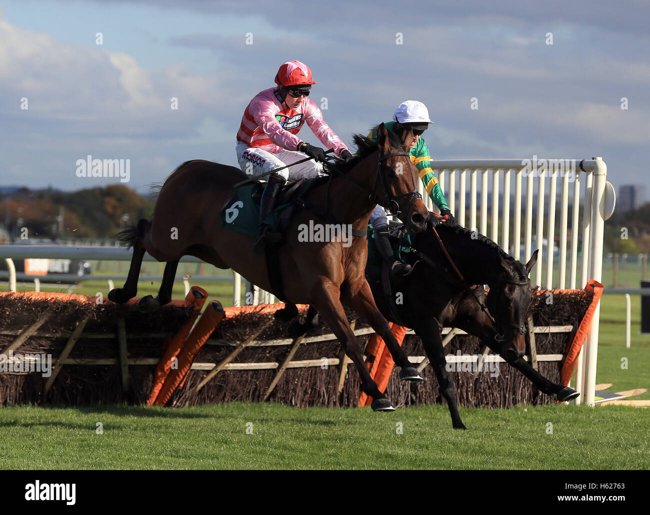 Robin Roe (left) ridden by Harry Skelton clears a hurdle as he wins the ...