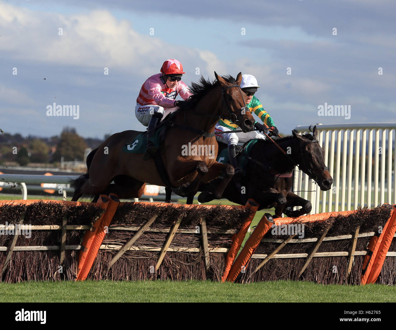Robin Roe (left) ridden by Harry Skelton clears a hurdle as he wins the ...