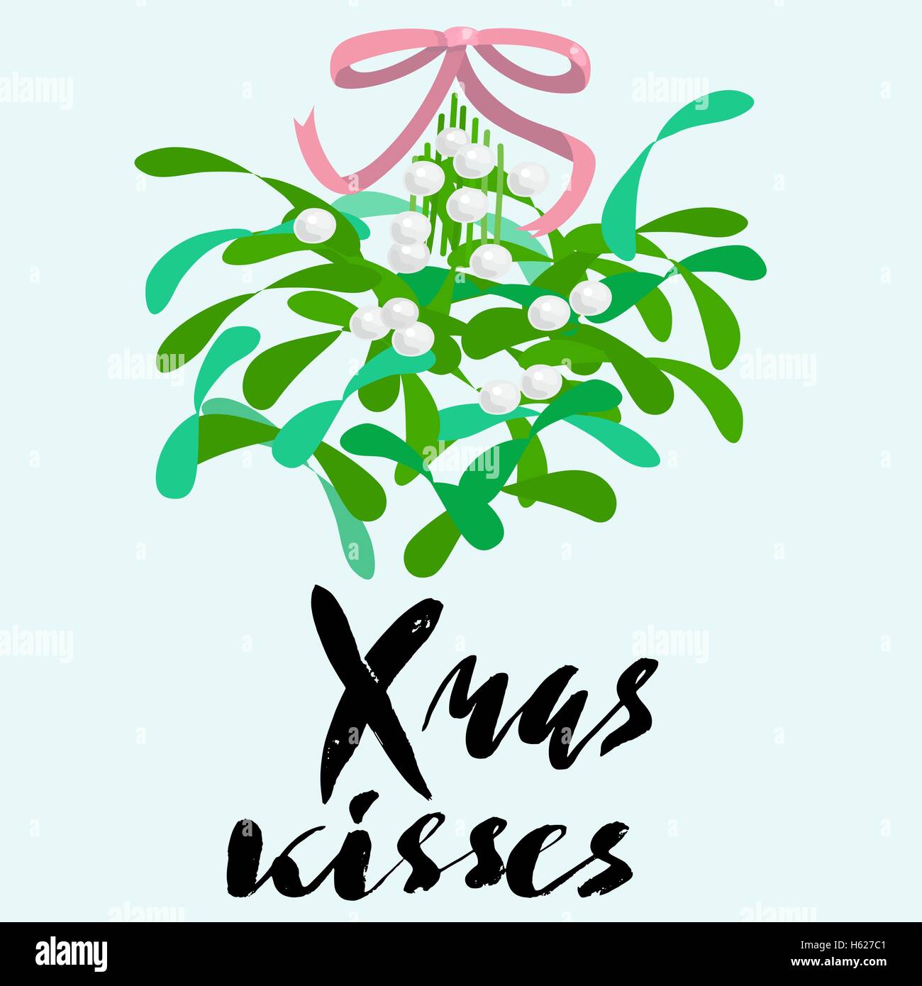 Mistletoe with pink bow and curly ribbon. Christmas lettering. Vector ...