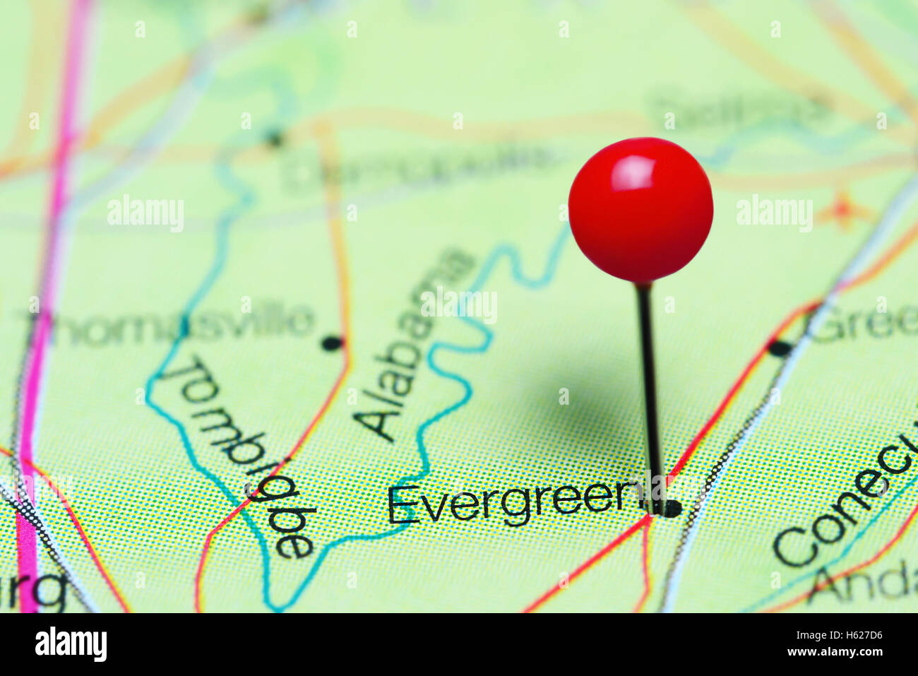 Evergreen pinned on a map of Alabama, USA Stock Photo - Alamy