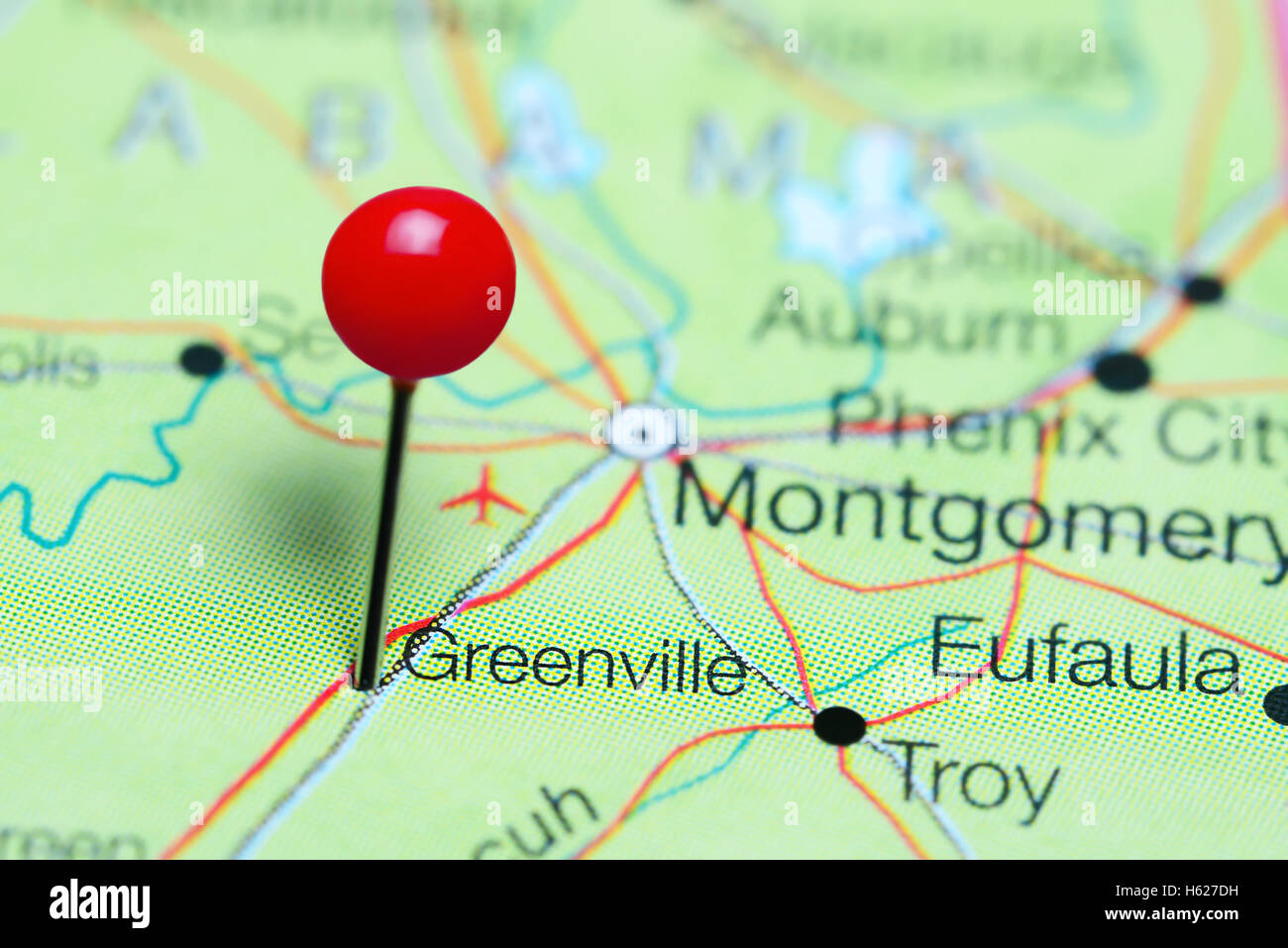 Greenville pinned on a map of Alabama, USA Stock Photo - Alamy