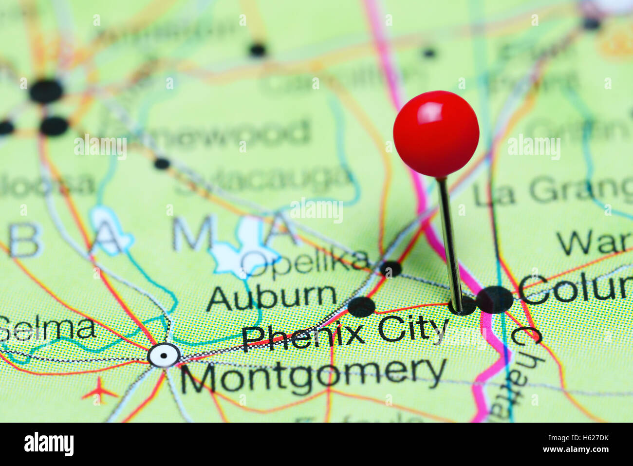 Phoenix City pinned on a map of Alabama, USA Stock Photo - Alamy