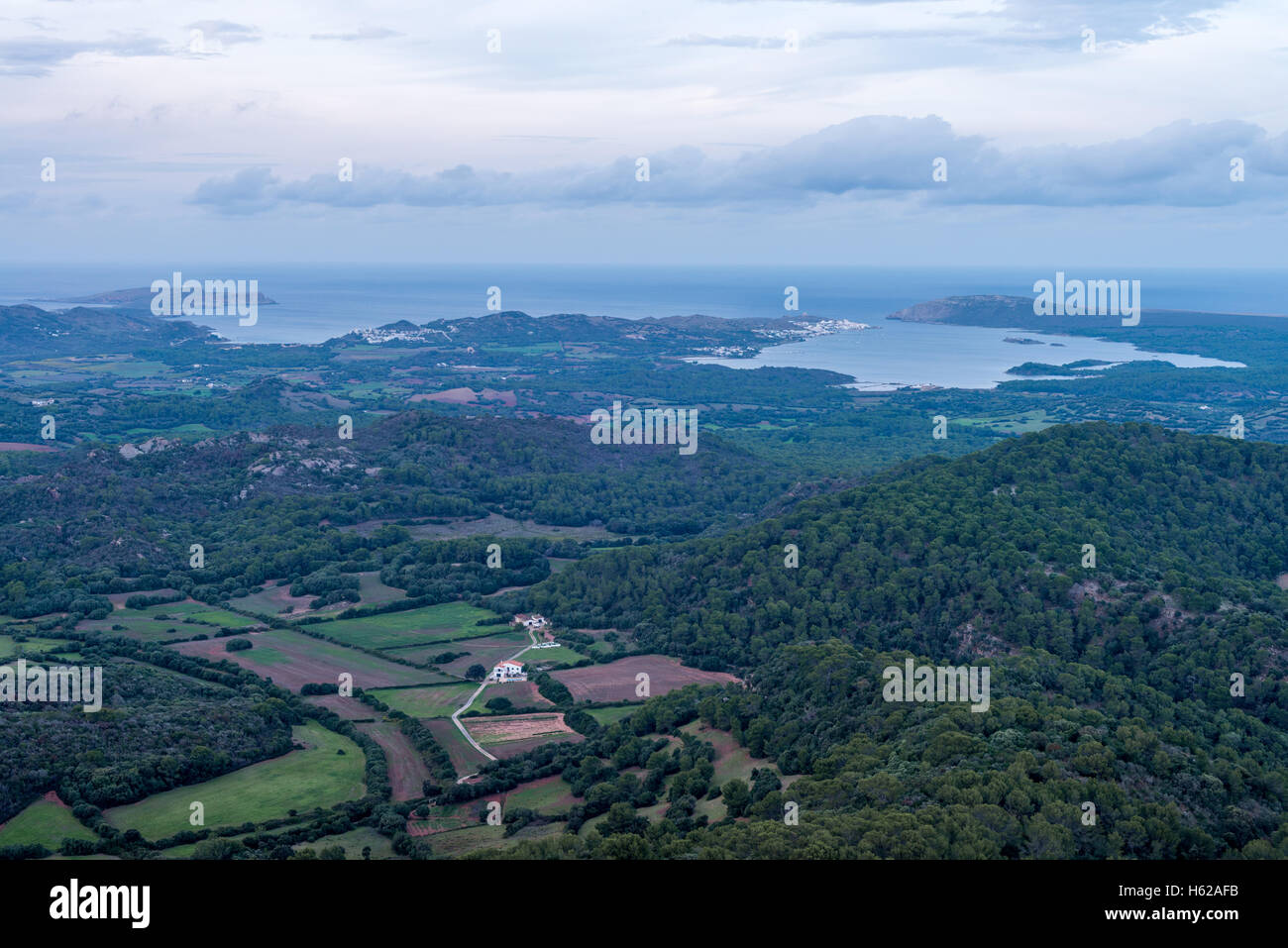 An aerial view of Menorca (or Minorca) as seen from Monte Toro. Looking ...