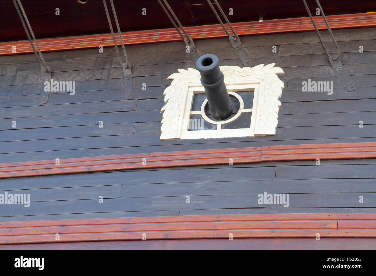 foreground of gun port and cannon of an ancient warship Stock Photo - Alamy
