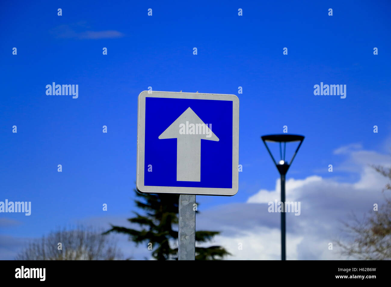 One way only road sign in the street with blue sky Stock Photo - Alamy