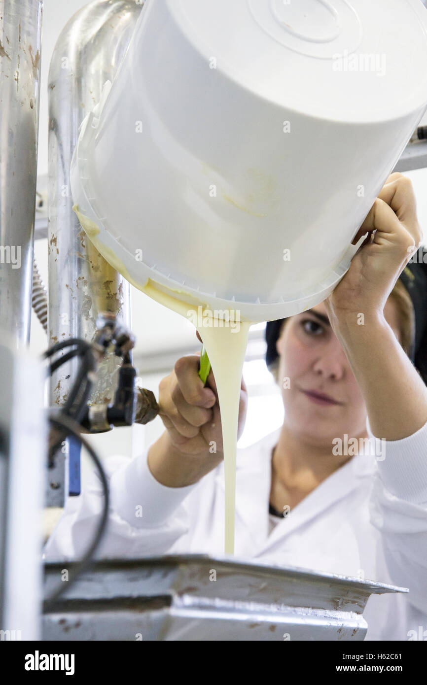Woman pouring liquid white chocolate in a machine in a chocolate ...