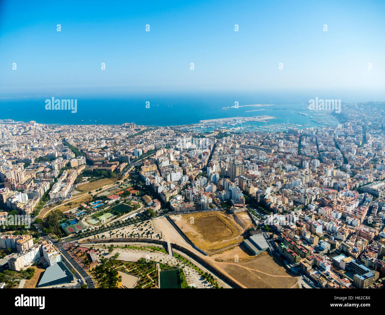 Spain, Mallorca, Palma de Mallorca, Aerial view of old town and bay ...