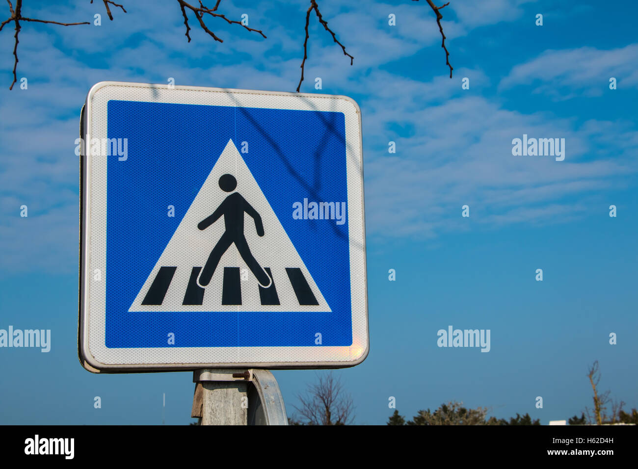 blue pedestrian crossing sign on the street Stock Photo - Alamy