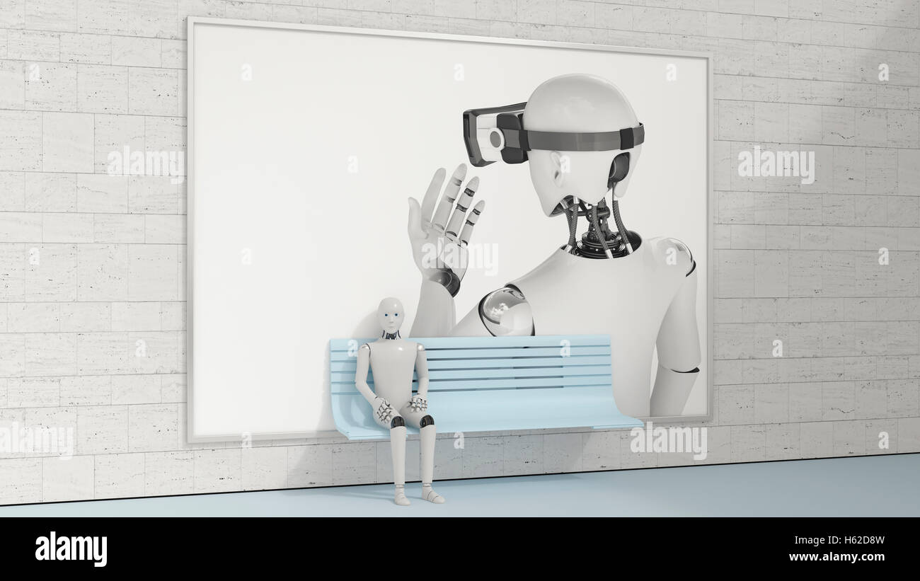 Robot sitting on bench in front of billboard, 3D Rendering Stock Photo ...