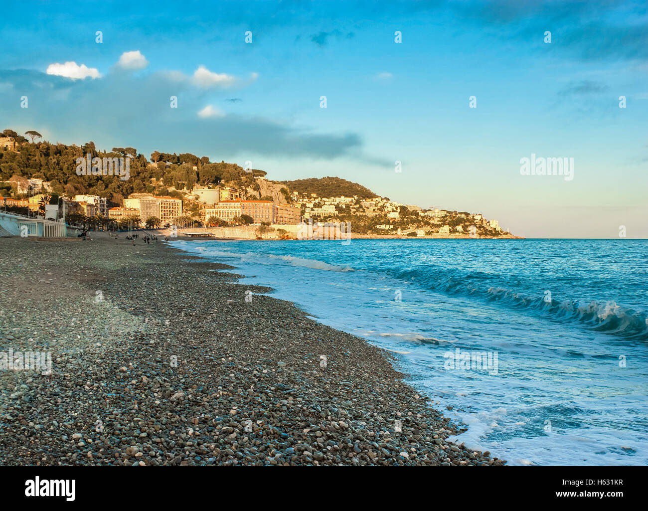 The coastline of Nice with its stony beach looks great in last before ...