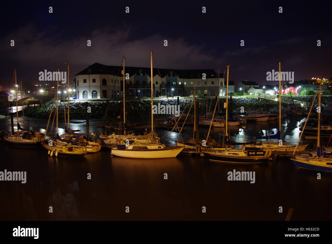 View overlooking Aberystwyth Harbour / Marina at night facing towards Y ...