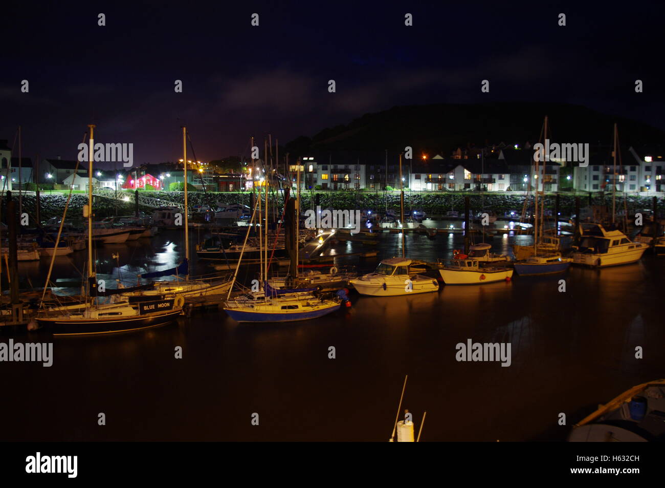 View overlooking Aberystwyth Harbour / Marina at night facing towards Y ...