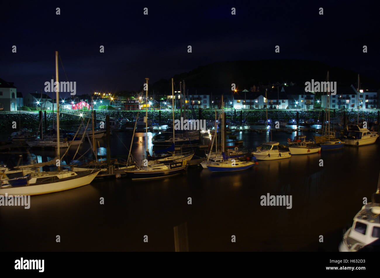 View overlooking Aberystwyth Harbour / Marina at night facing towards Y ...