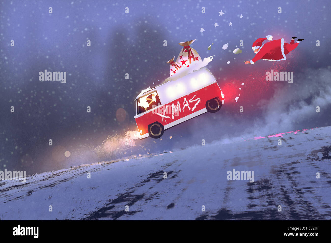 funny scene of santa claus and the van with christmas gift bags jumping ...