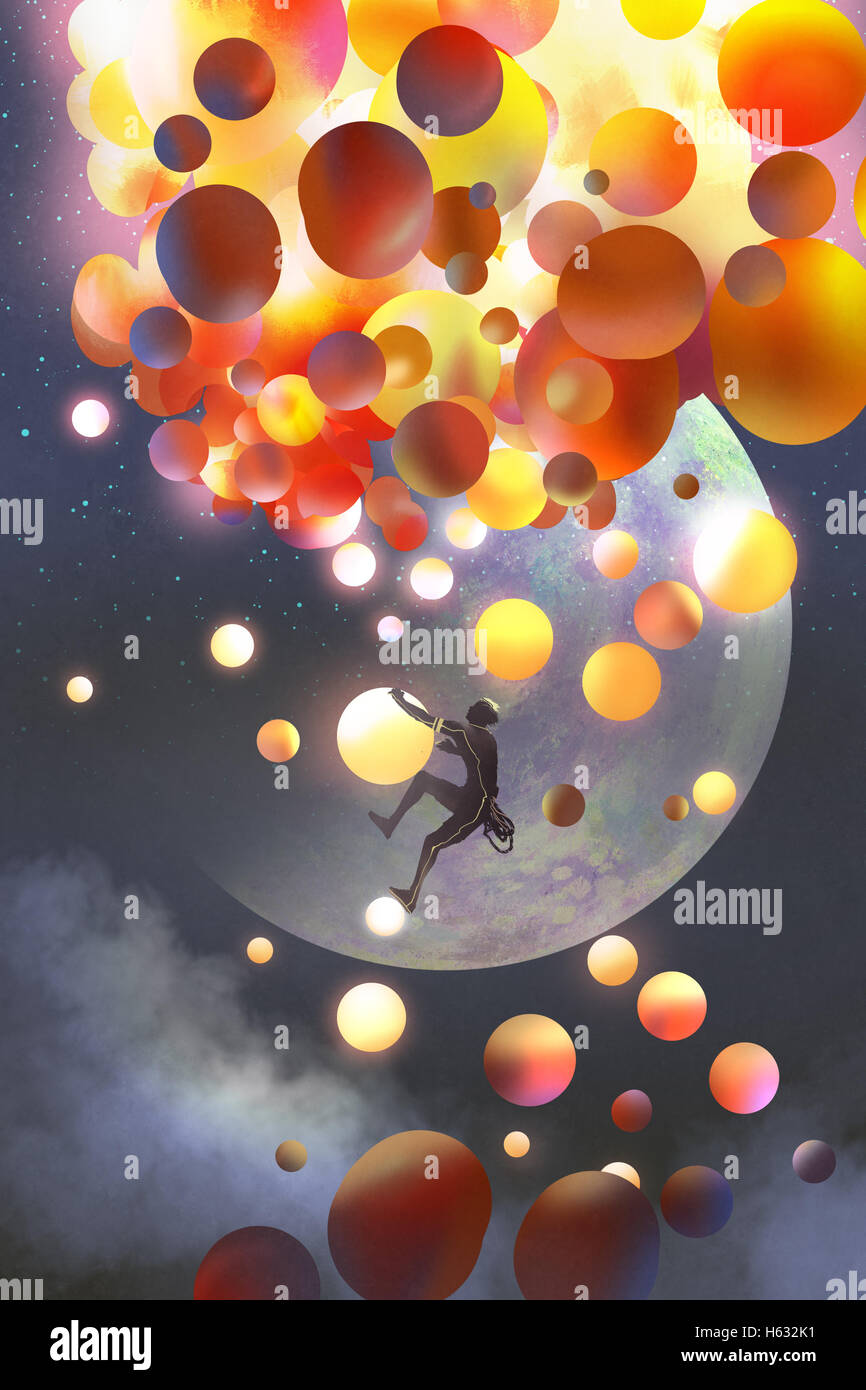 a man climbing fantasy balloons against fictional planets background ...