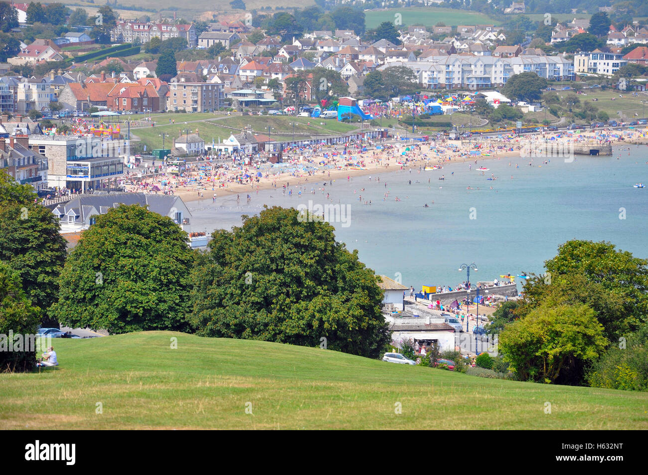 View across Swanage bay from Prince Albert Gardens, Dorset, England ...