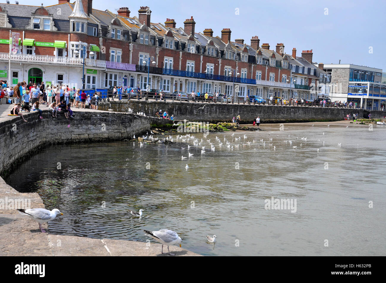 Children crab fishing along Swanage promenade Stock Photo - Alamy