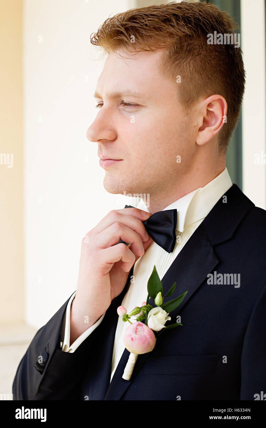 handsome groom in suit with bow tie Stock Photo - Alamy