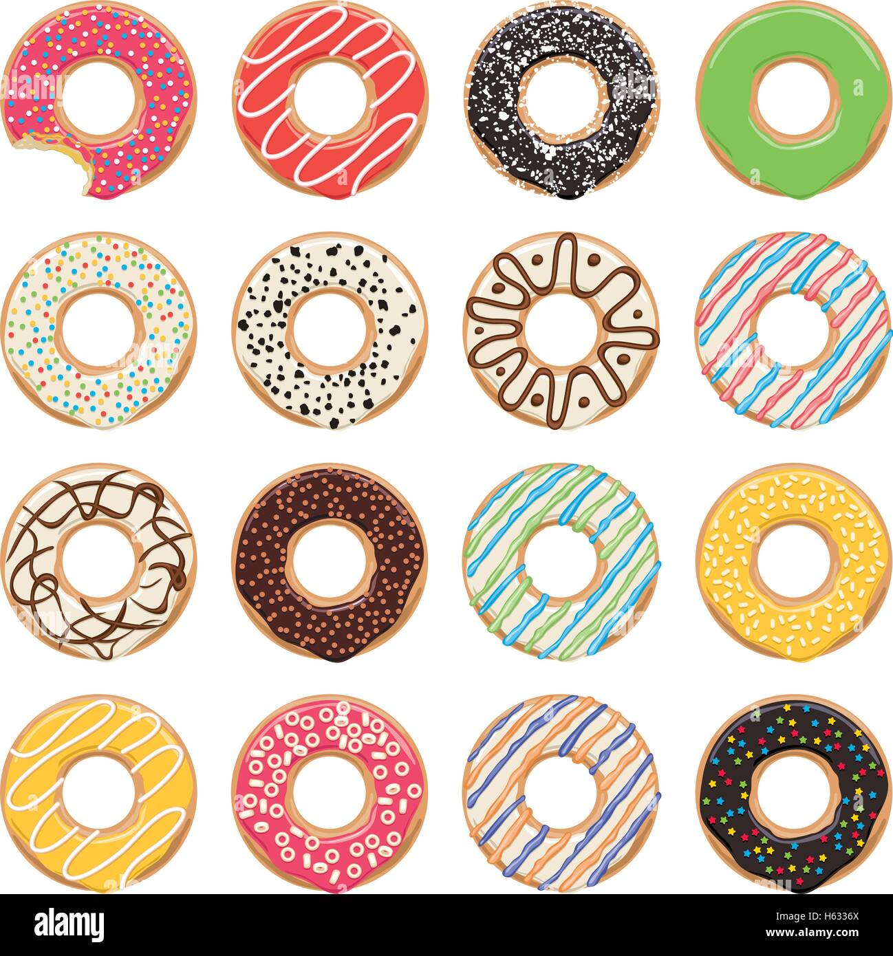 vector flat icons of glazed colorful donuts on white background, one ...