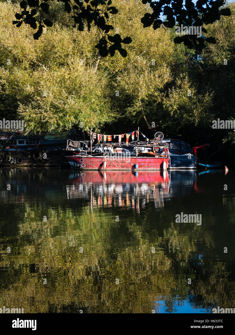 Red Art Boat, Early Morning, River Thames Landscape, Reading, Berkshire ...