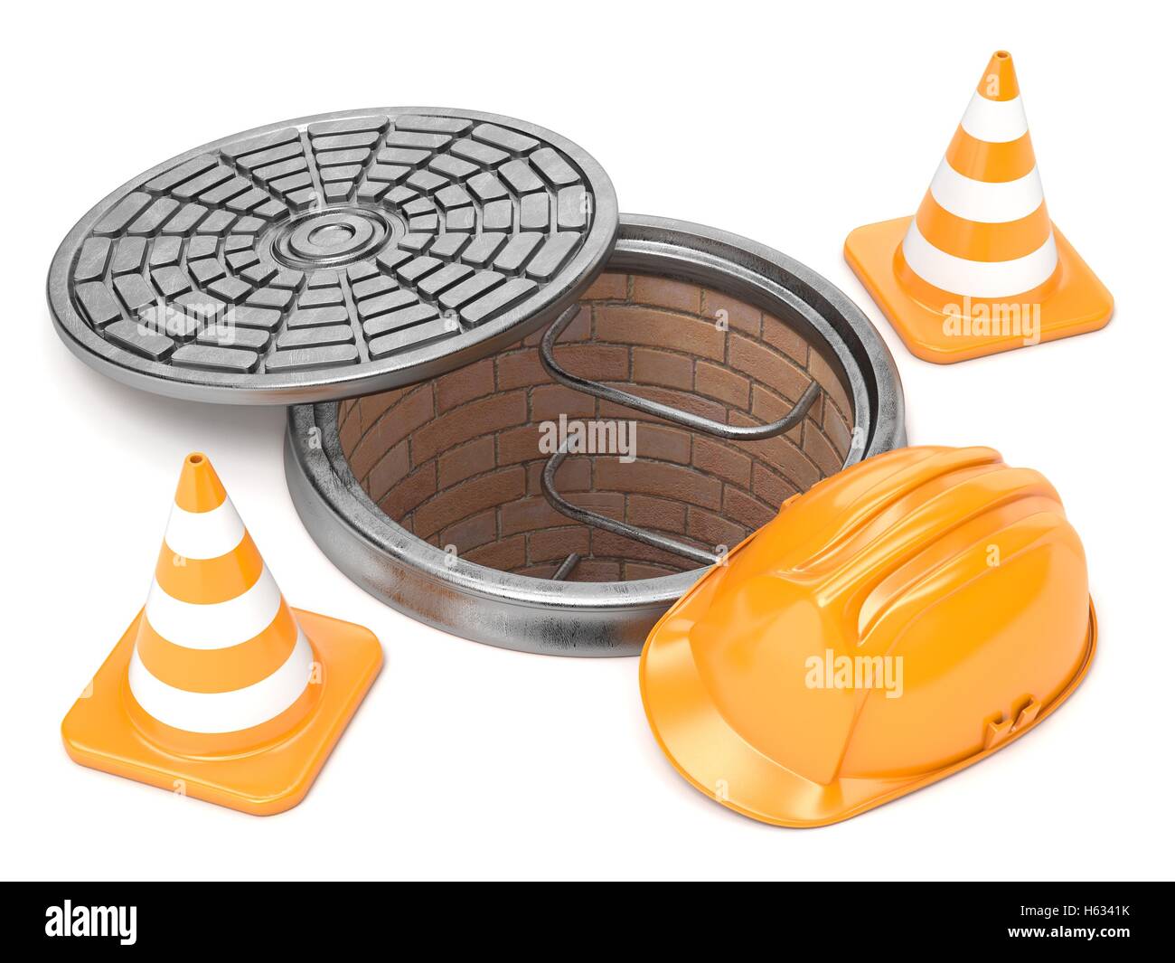 Manhole, traffic cones and safety helmet. 3D render illustration ...
