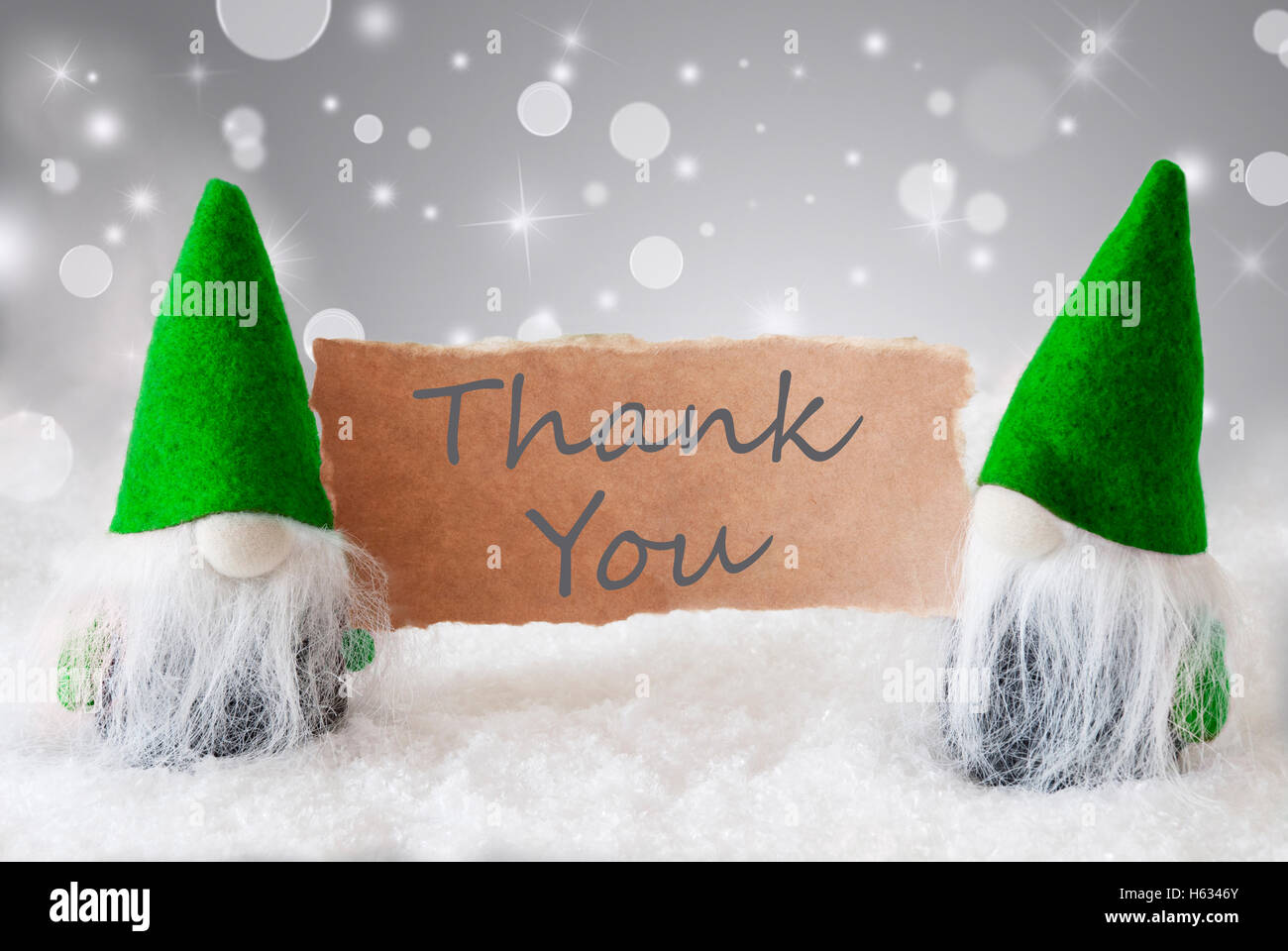 Green Gnomes With Card And Snow, Text Thank You Stock Photo - Alamy