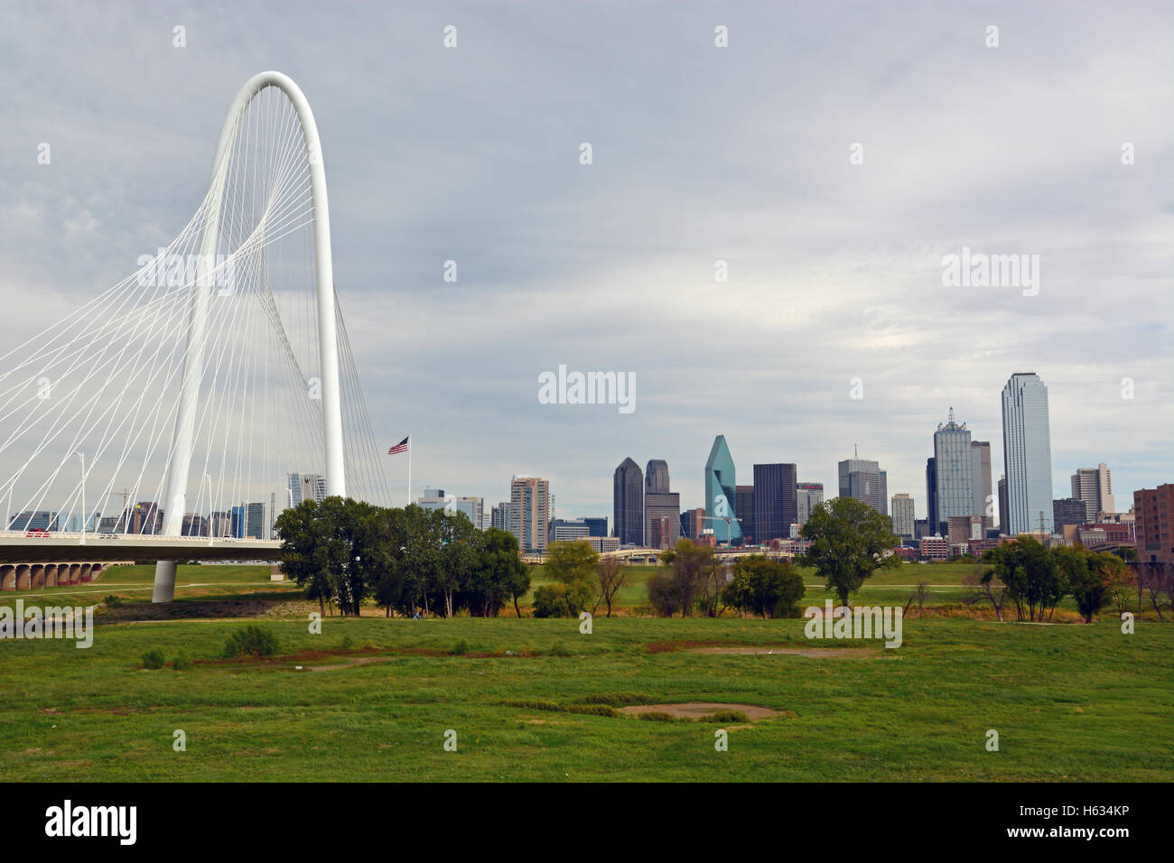 The Margaret Hunt Hill bridge crosses the Trinity River as Texas highway TX 366 heads east into ...