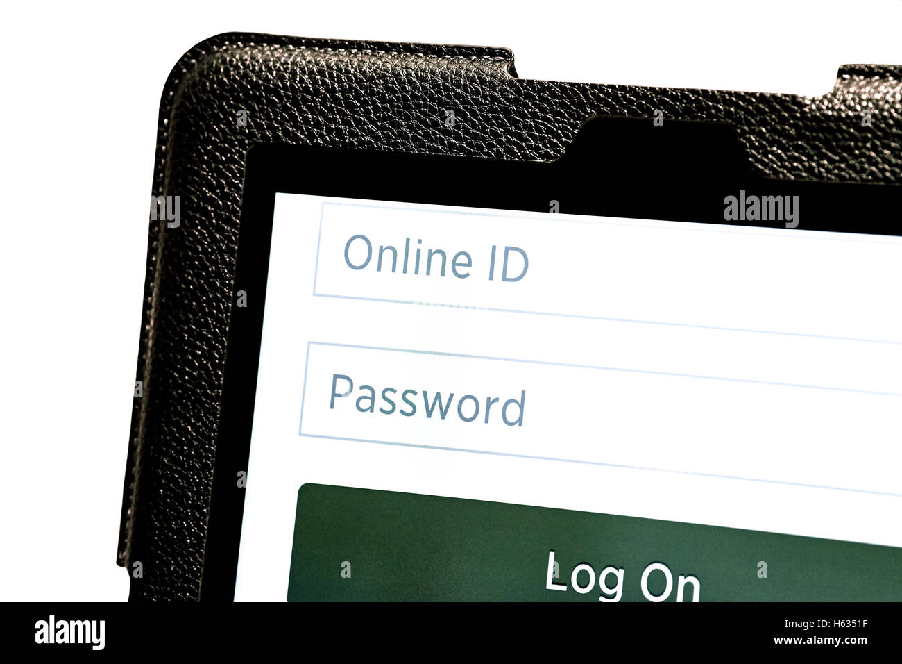 Tablet screen open to an online web page secure login isolated on white ...