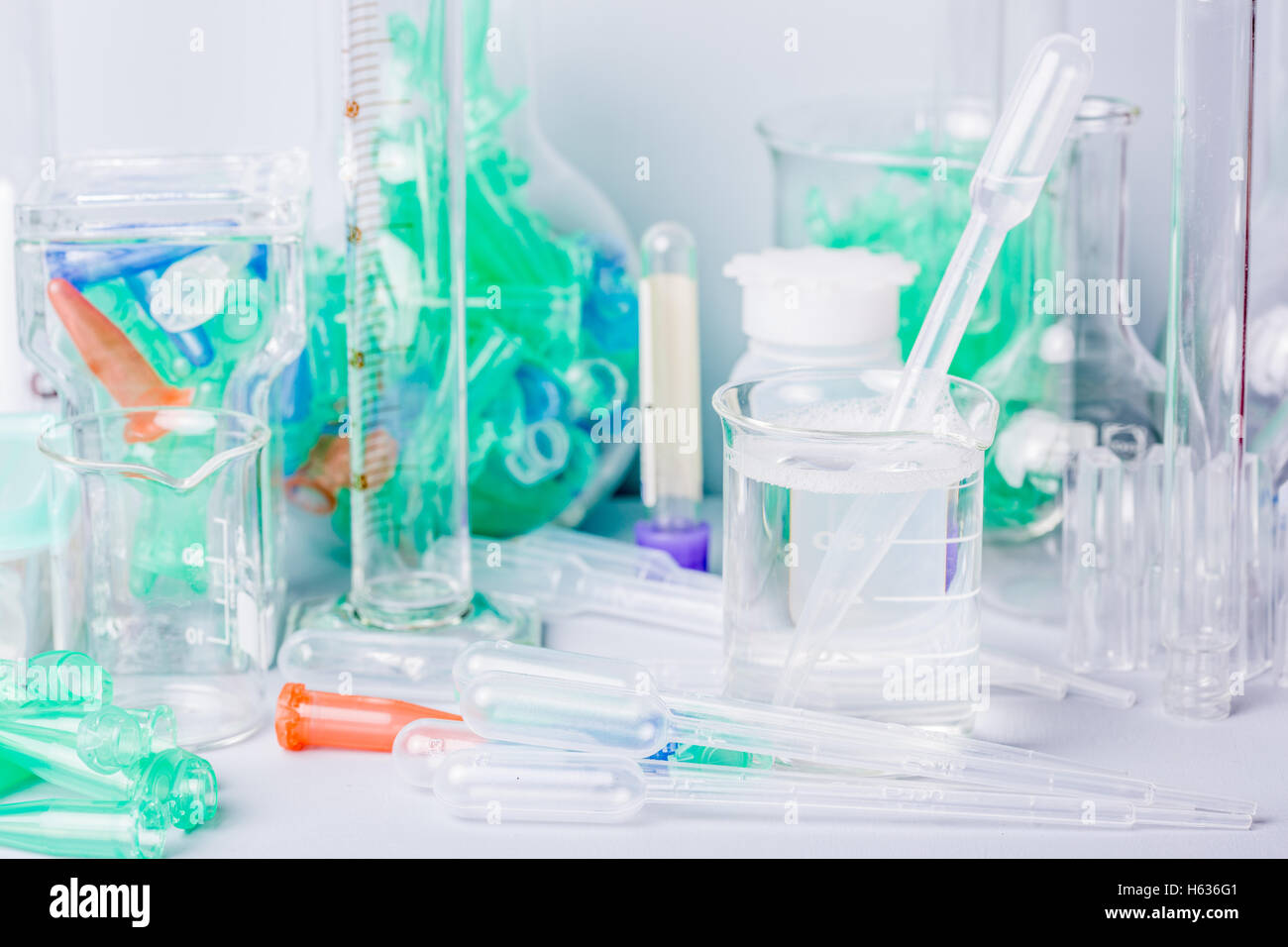 Research lab assorted glassware equipment detail Stock Photo - Alamy