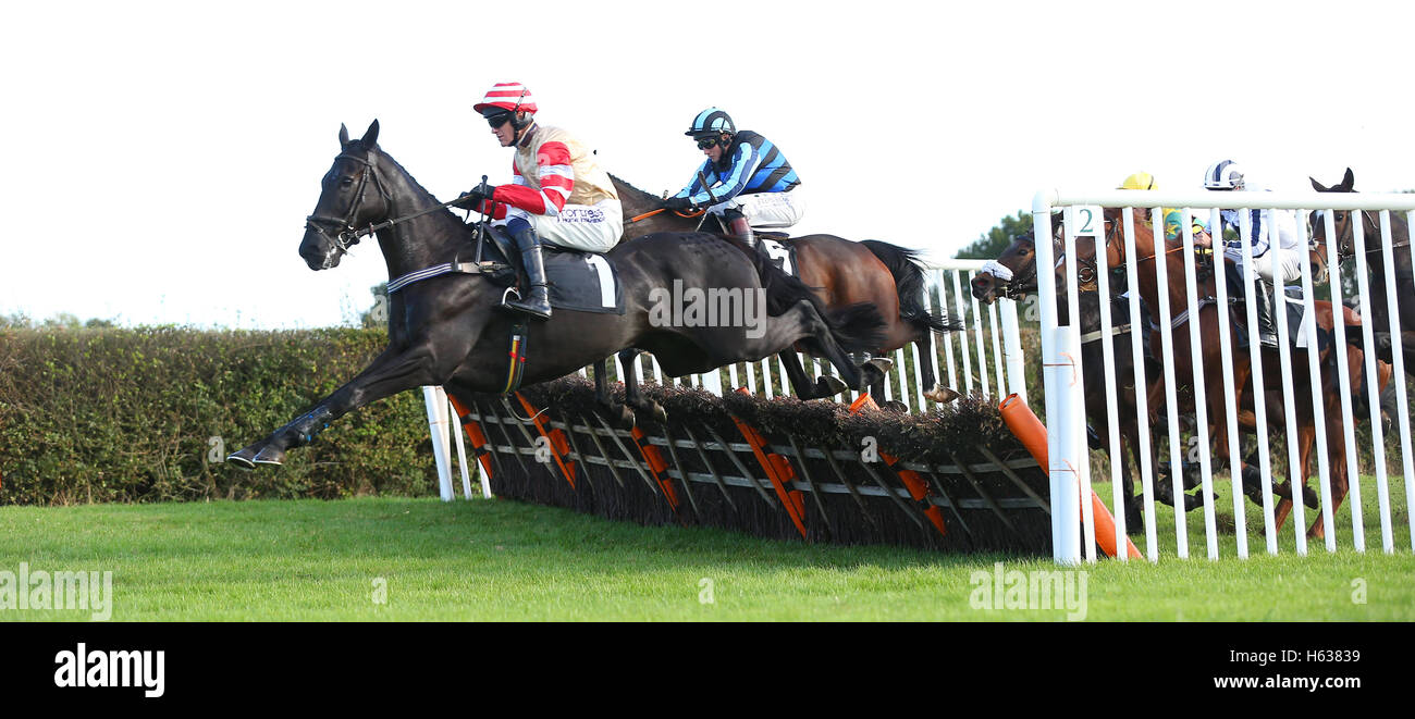 Runners and Riders clear a hurdle during a race at Plumpton Racecourse ...