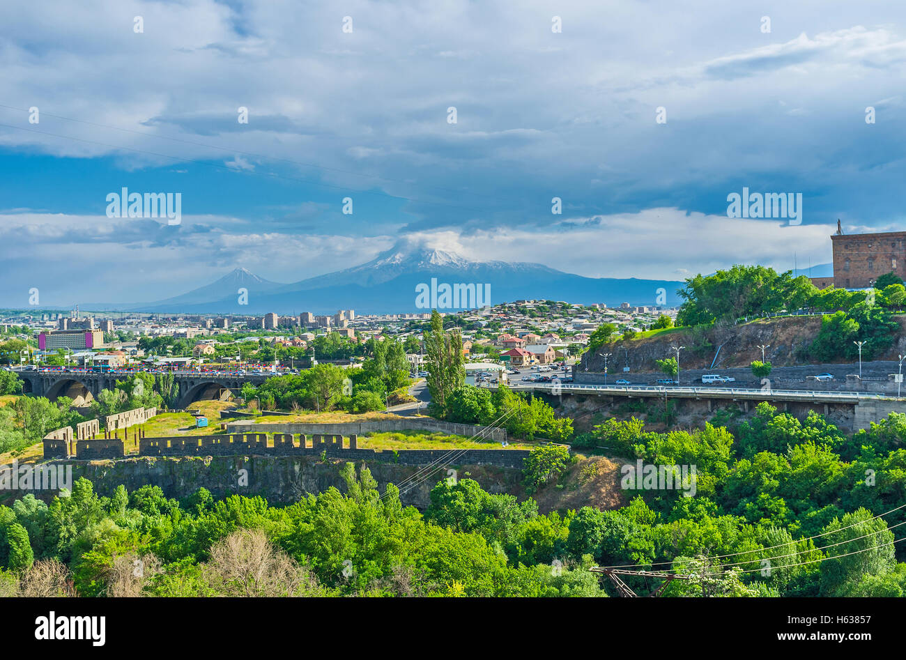 The cityscape of Yerevan with the Mount of Ararat, rising above its ...