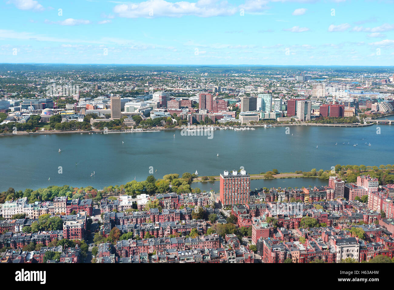 Aerial view of Boston skyline and Cambridge district separated by ...