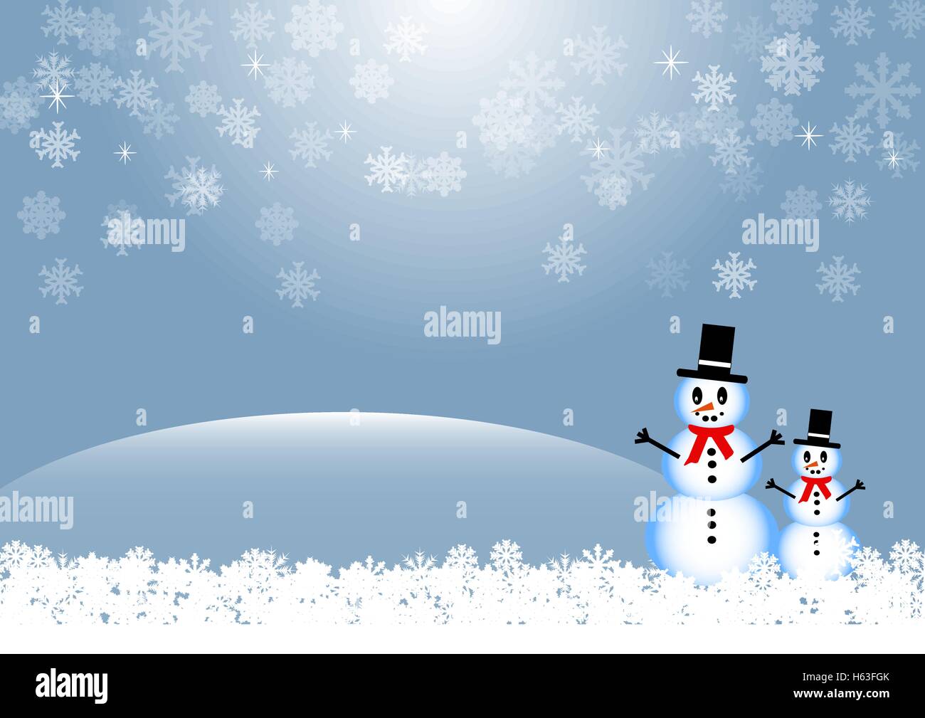 Two smiling snowmen are standing in white snow flakes next to mountain ...