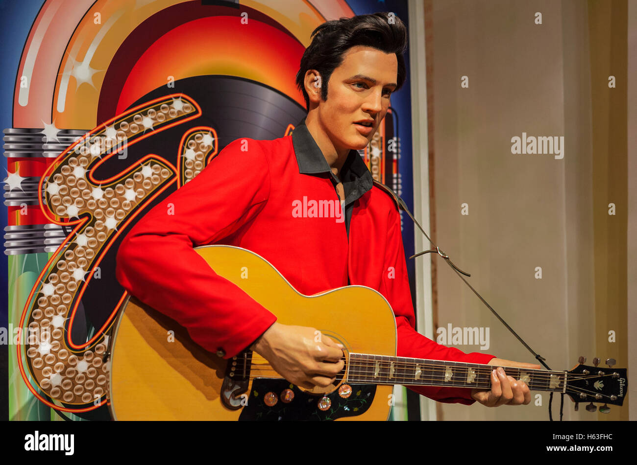 London, the UK - May 2016: Elvis Presley wax figure in Madame Tussaud's ...