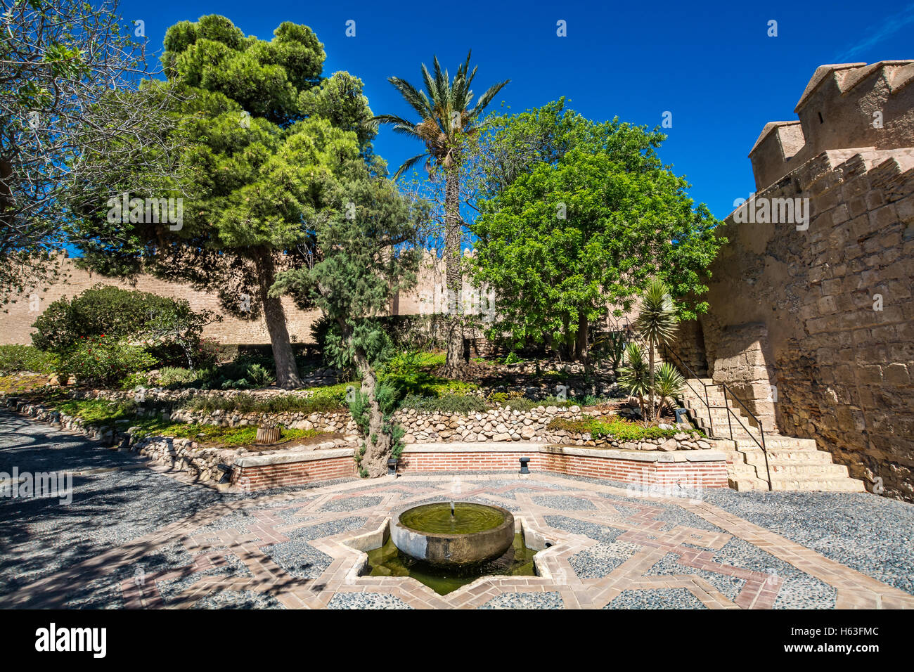 View of the beautiful gardens in the Almeria (Almería) castle (Alcazaba ...