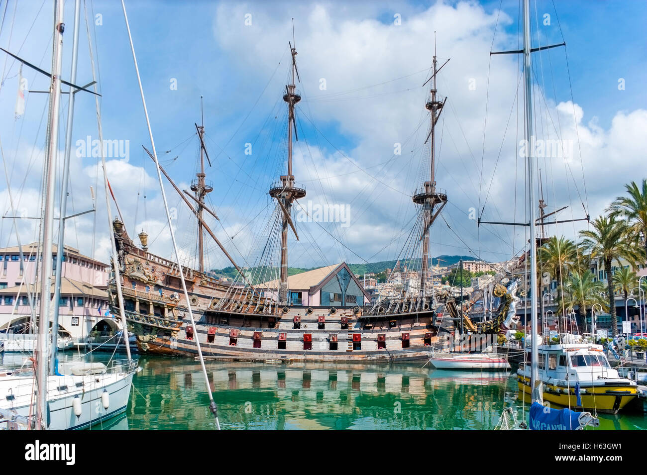 The port with yachts and wooden medieval ship in the city centre of ...