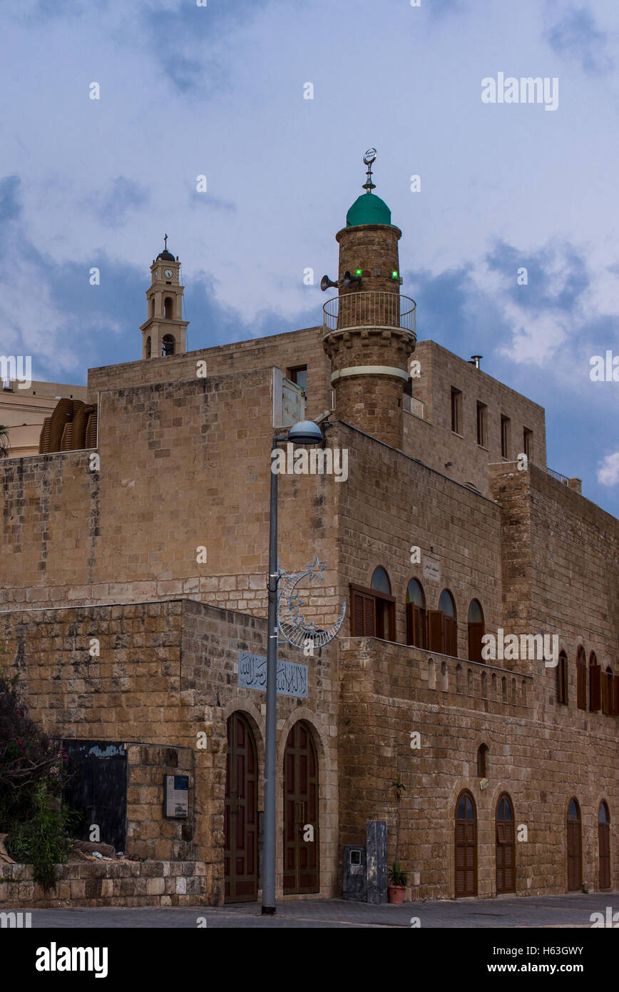View of the Sea Mosque in Jaffa with the St. Peter's Catholic church in ...