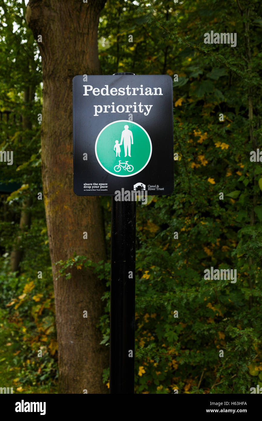 Pedestrian priority sign, installed by Canal & Rivers Trust, alongside ...