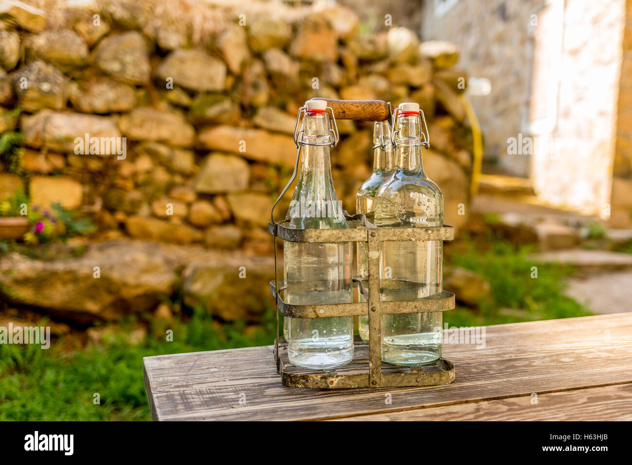 Bottles of cold spring water during summer in the mountains in Corsica ...