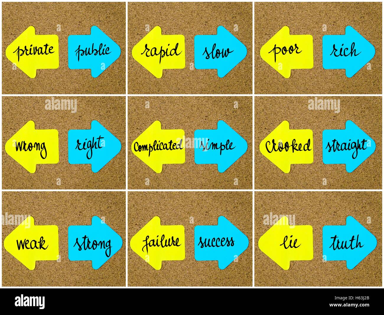 Photo collage of antonym concepts written on yellow and blue paper ...