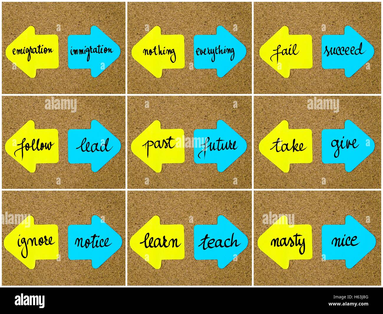 Photo collage of antonym concepts written on yellow and blue paper ...