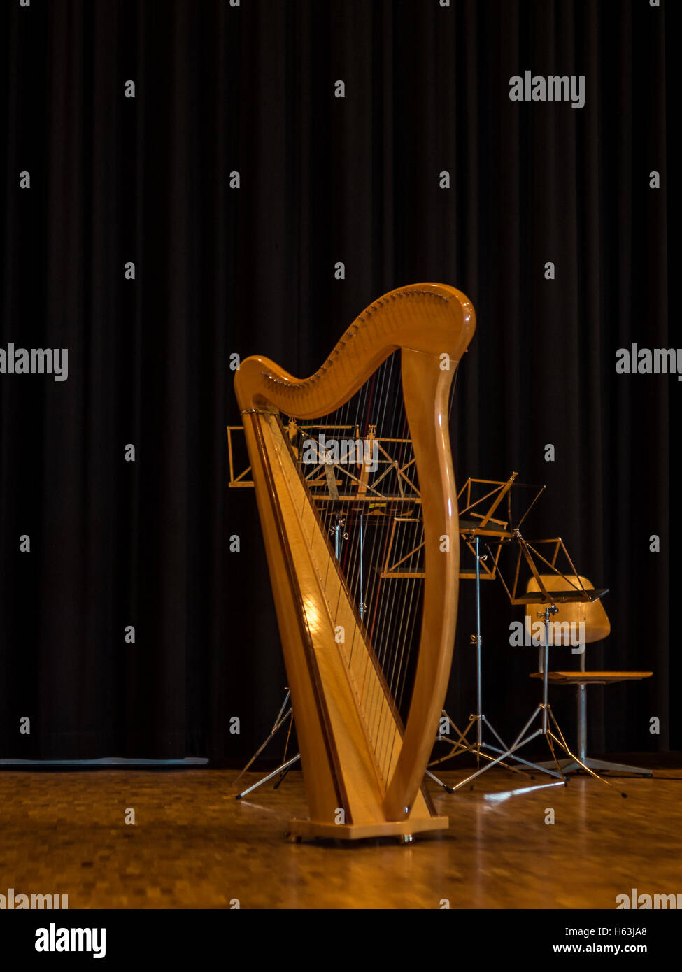 Beautiful classical harp on the stage before the concert Stock Photo ...