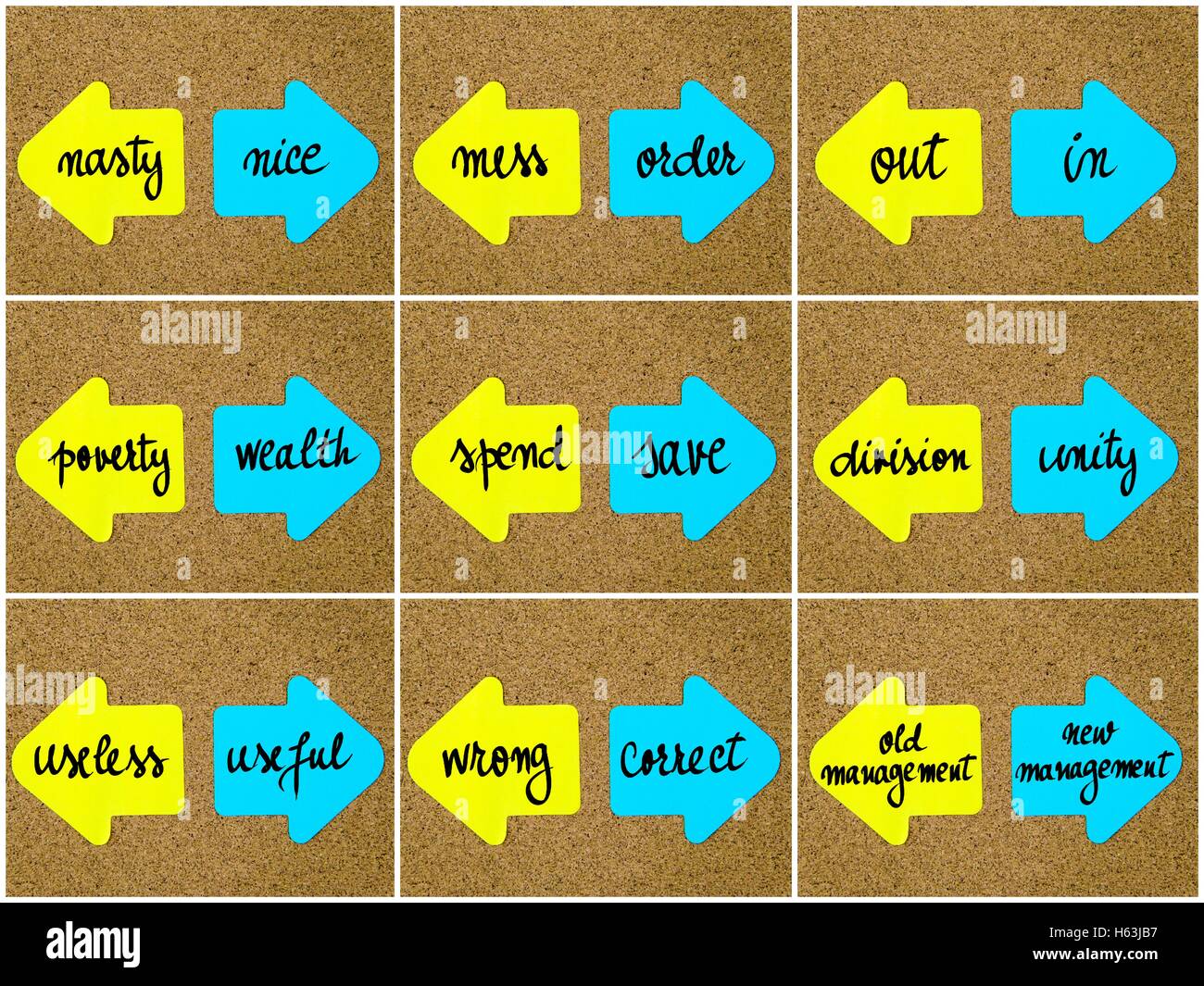 Photo collage of antonym concepts written on yellow and blue paper ...