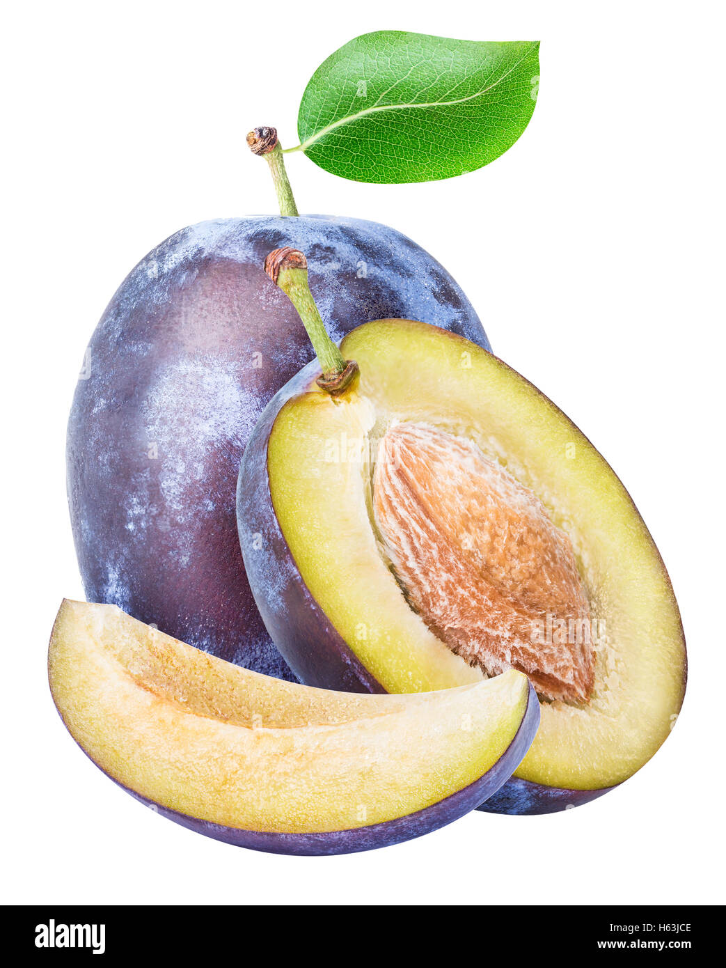 Ripe plum with leaf isolated on white background clipping path Stock ...
